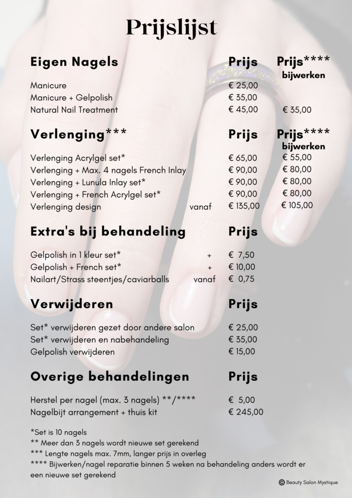 Prijslijsten – Beauty Salon Mystique